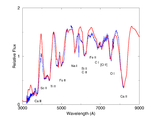 An observed spectrum (blue line) of the Type Ic supernova 1994I